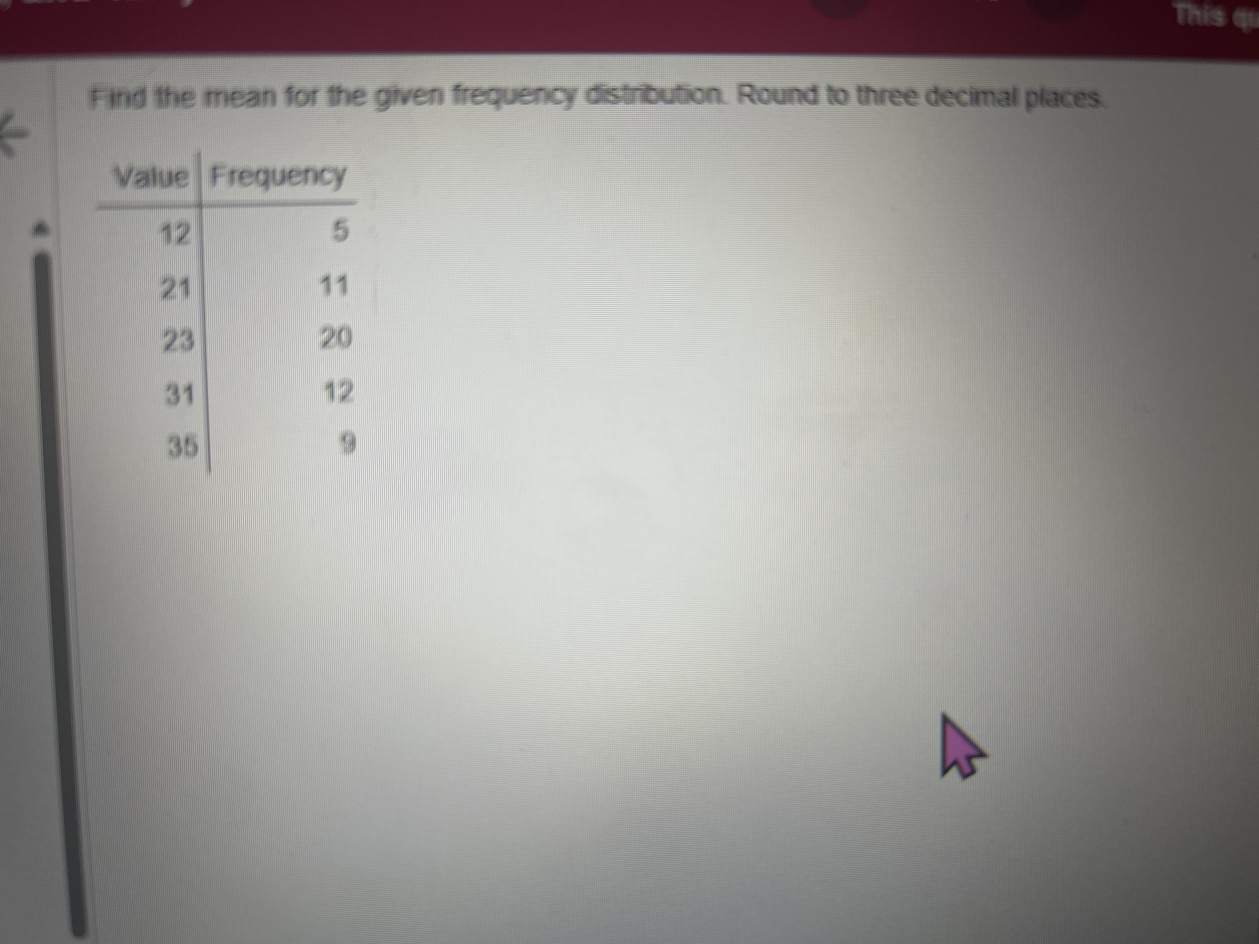 Solved Find the mean for the given frequency distribution. | Chegg.com