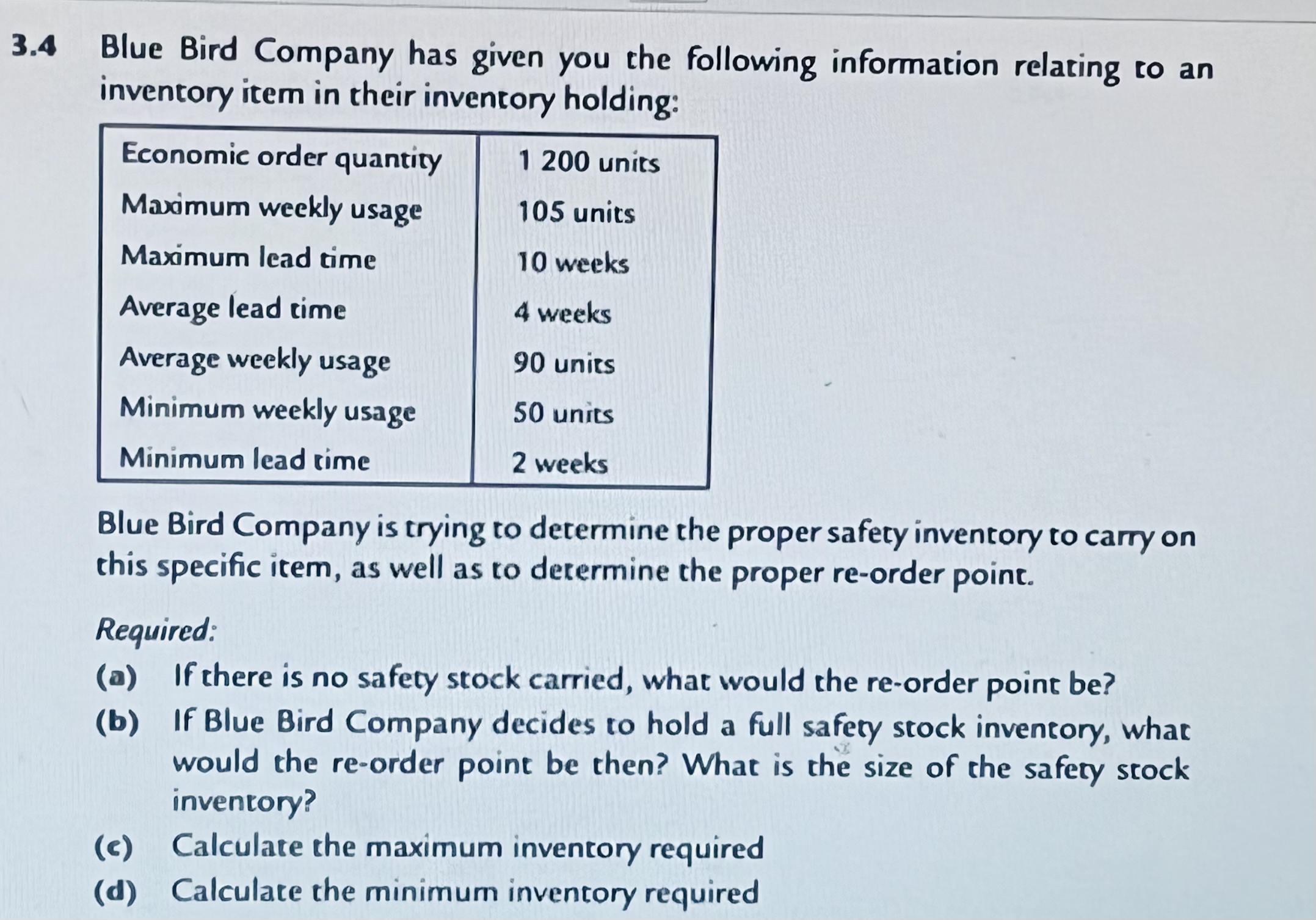 Solved 3.4 ﻿Blue Bird Company has given you the following | Chegg.com