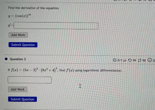 Solved Find the derivative of the equation. y=(cos(x))4xy′= | Chegg.com