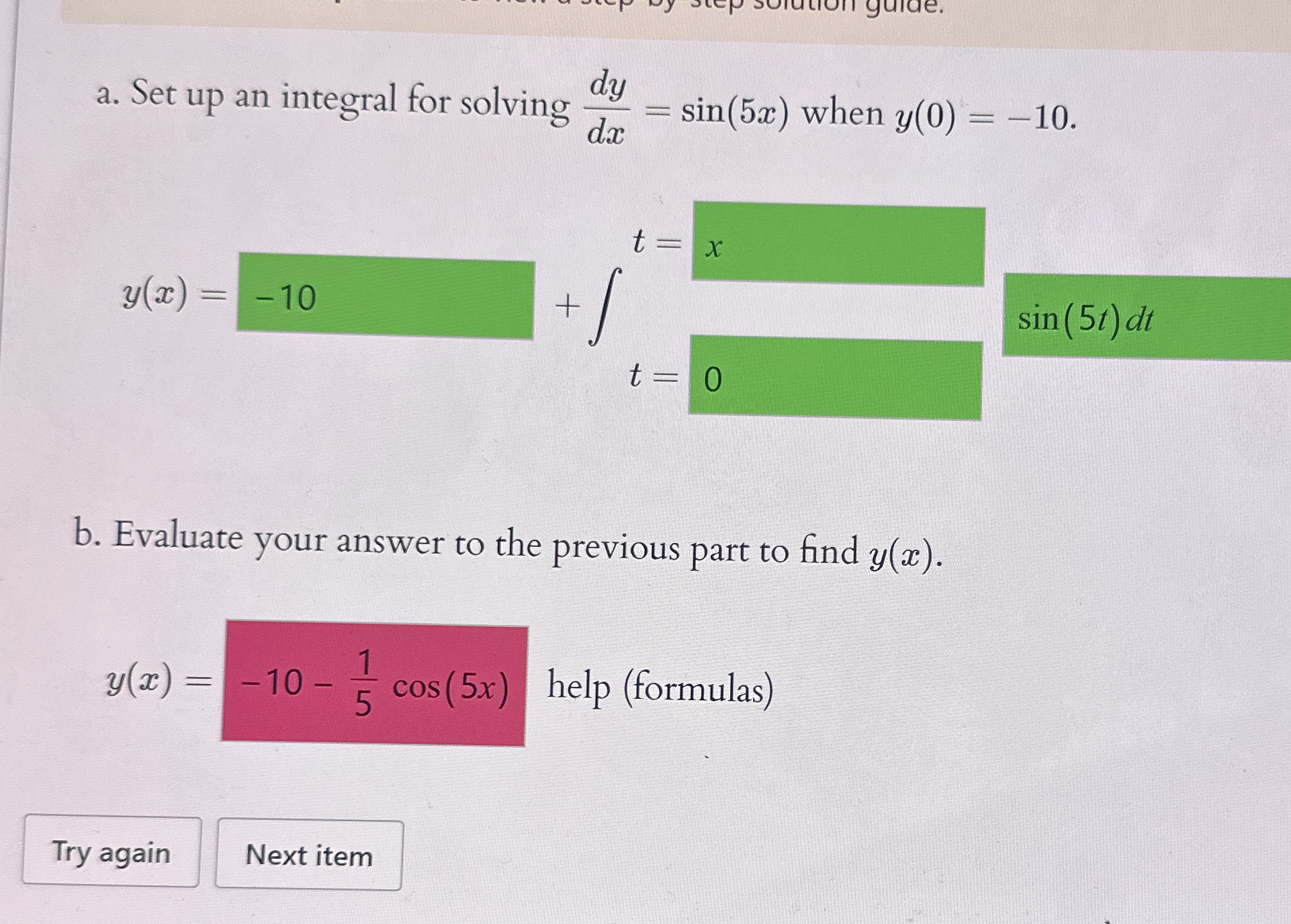 Solved a. ﻿Set up an integral for solving dydx=sin(5x) ﻿when | Chegg.com