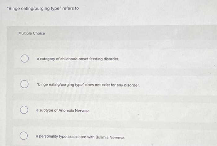 Solved "Binge eating/purging type" refers to Multiple Choice | Chegg.com