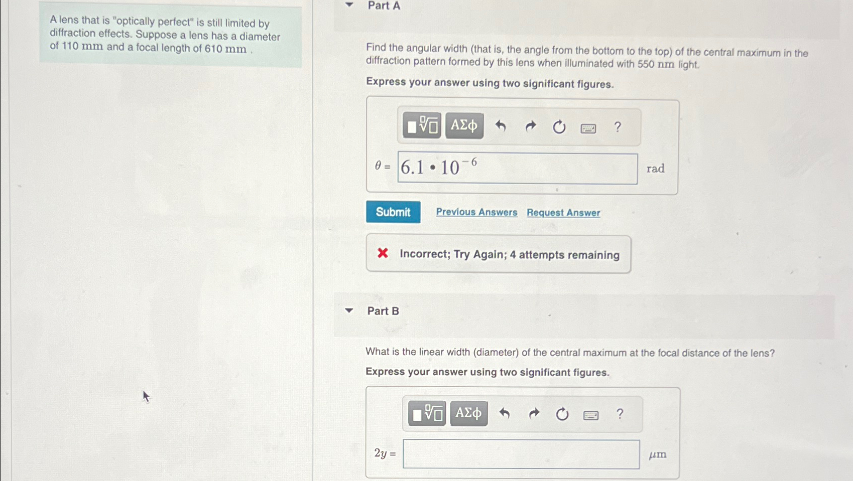 Solved A lens that is "optically perfect" is still limited | Chegg.com