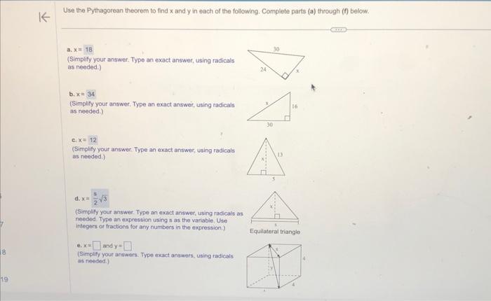 Solved Use the Pythagorean theorem to find x and y in each | Chegg.com