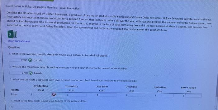 Solved Excel Online Activity: Aggregate Planning - Level | Chegg.com