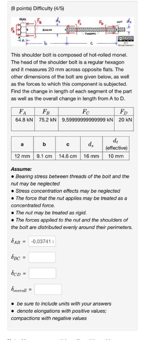 Solved ( 8 points) Difficulty ( 4/5) This shoulder bolt is | Chegg.com