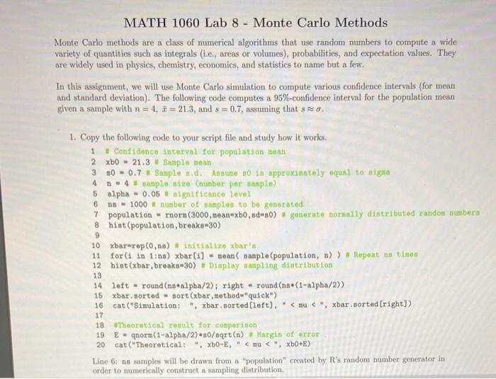 Solved MATH 1060 Lab 8 - Monte Carlo Methods Monte Carlo | Chegg.com