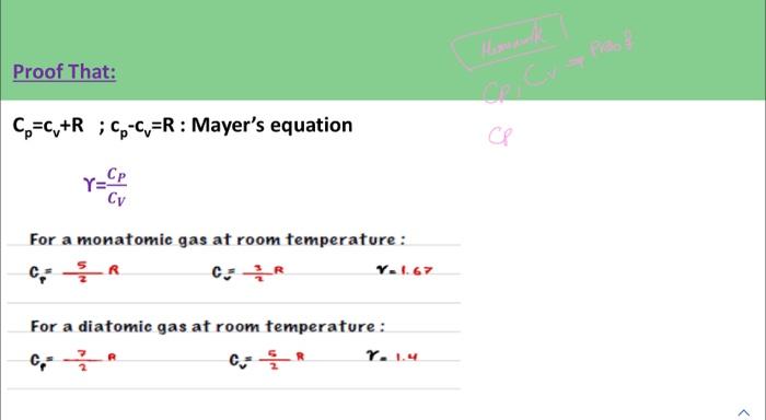 Cp=cv+R;cp−cv=R : Mayer's equation r=CVCP For a | Chegg.com