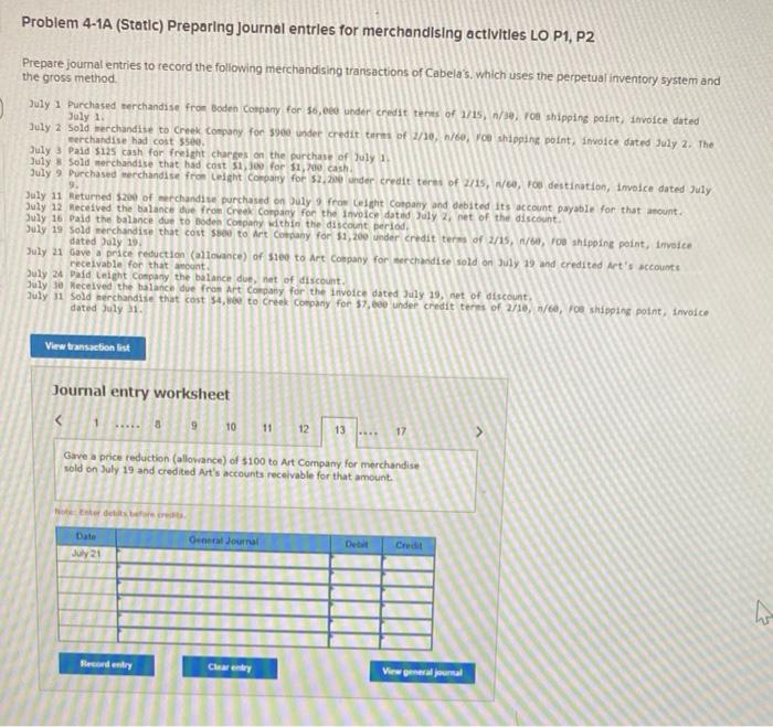 Solved Problem 4-1A (Static) Preparing Journal entries for | Chegg.com