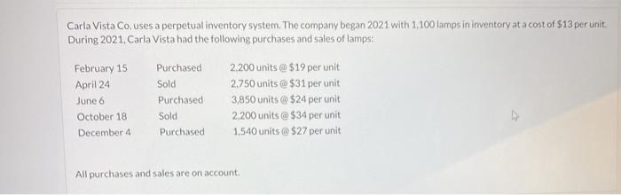 Solved Carla Vista Co uses a perpetual inventory system. The | Chegg.com