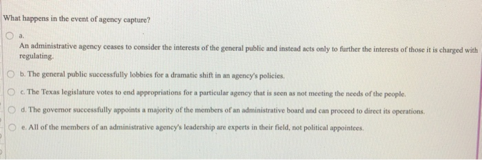 Solved What happens in the event of agency capture? 1 a. An | Chegg.com