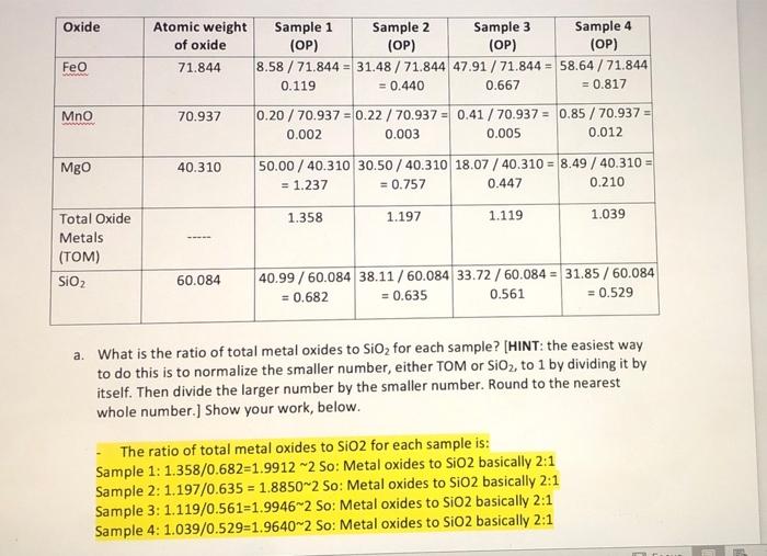 Solved a. What is the ratio of total metal oxides to SiO2 | Chegg.com