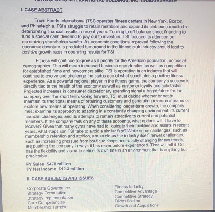 Solved 1. CASE ABSTRACT Town Sports International (TSI) | Chegg.com