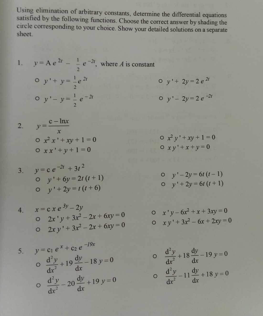 Solved Using elimination of arbitrary constants, determine | Chegg.com