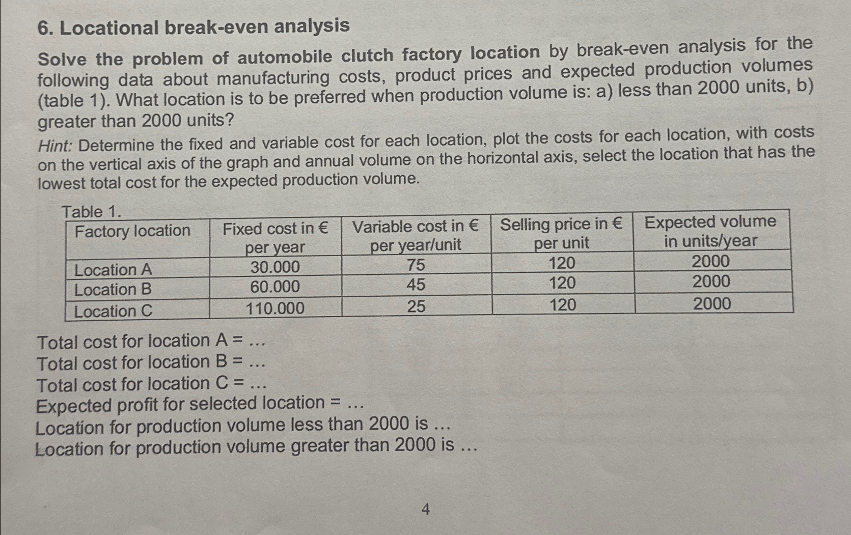Solved Locational break-even analysisSolve the problem of | Chegg.com
