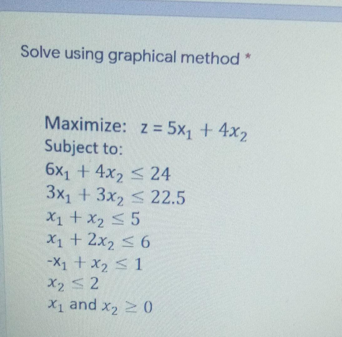 Solved Solve using graphical method * Maximize: z = 5x + 4x2 | Chegg.com