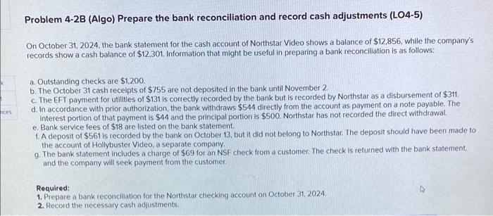 Solved Problem 4-2B (Algo) Prepare the bank reconciliation | Chegg.com