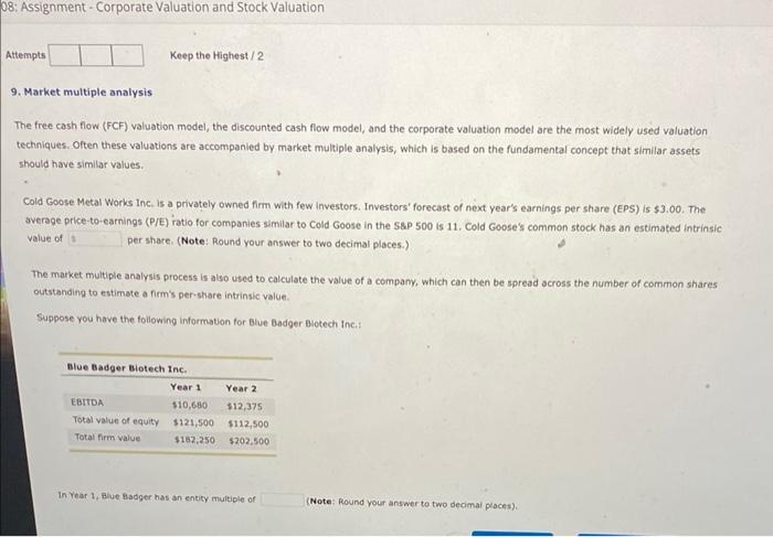 Solved 9. Market multiple analysis The free cash flow (FCF) | Chegg.com