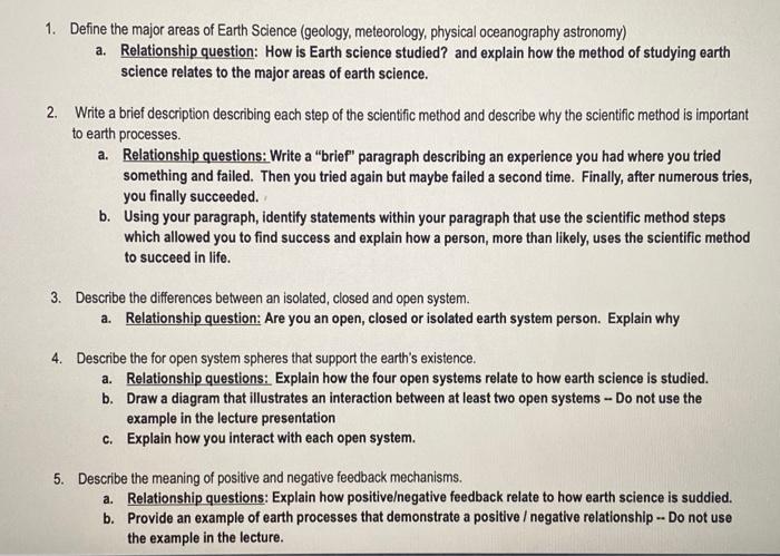 Solved 1. Define the major areas of Earth Science (geology, | Chegg.com
