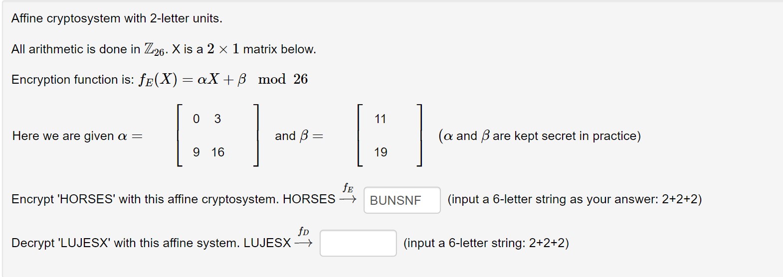 Solved Affine cryptosystem with 2-letter units. All | Chegg.com
