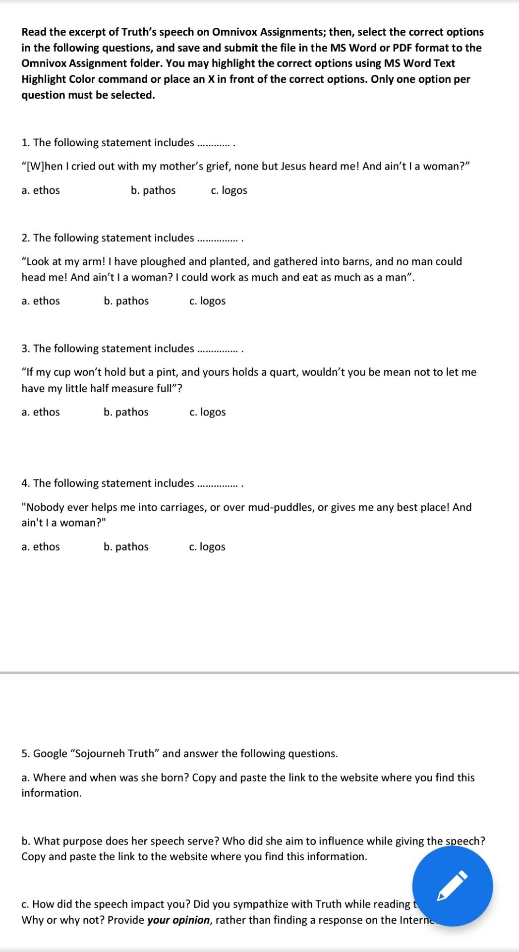 Read the excerpt of Truth's speech on Omnivox | Chegg.com