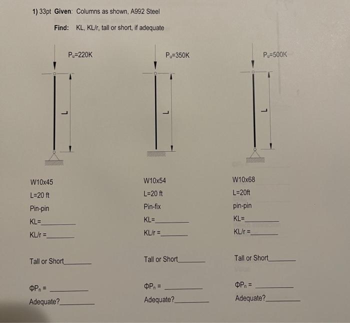 Solved 1) 33pt Given: Columns as shown, Ag92 Steel Find: | Chegg.com
