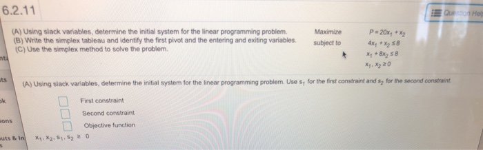 Solved 6.2.11 (A) Using slack variables, determine the | Chegg.com