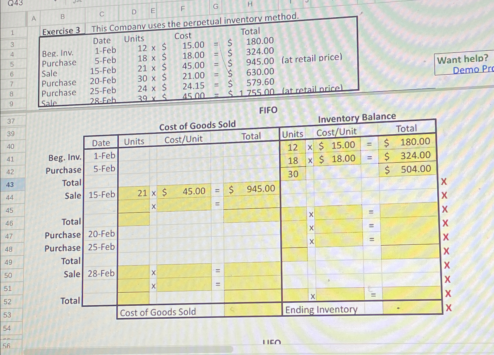 Solved Want help?FIFODemo Pr\table[[Beg. ﻿Inv.,Cost of Goods | Chegg.com