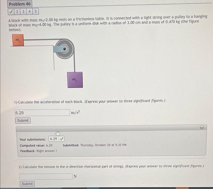 Solved A block with mass m1=2.00 kg rests on a frictionless | Chegg.com