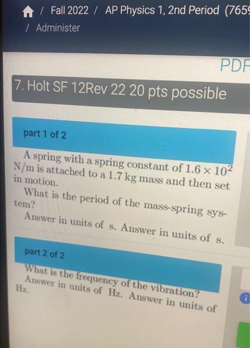 Solved A / Fall 2022 / AP Physics 1, 2nd Period (765 / | Chegg.com