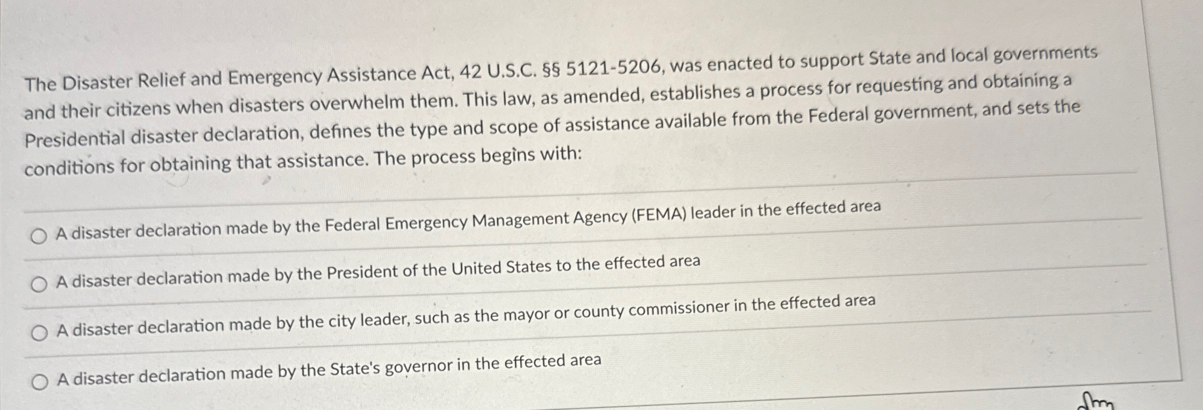 Solved The Disaster Relief and Emergency Assistance Act, 42 | Chegg.com