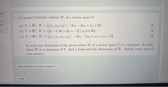 Solved 1. (12 marks) Consider subsets W of a vector space V | Chegg.com