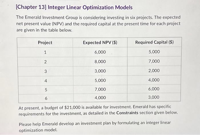 Solved [Chapter 13] Integer Linear Optimization Models The | Chegg.com