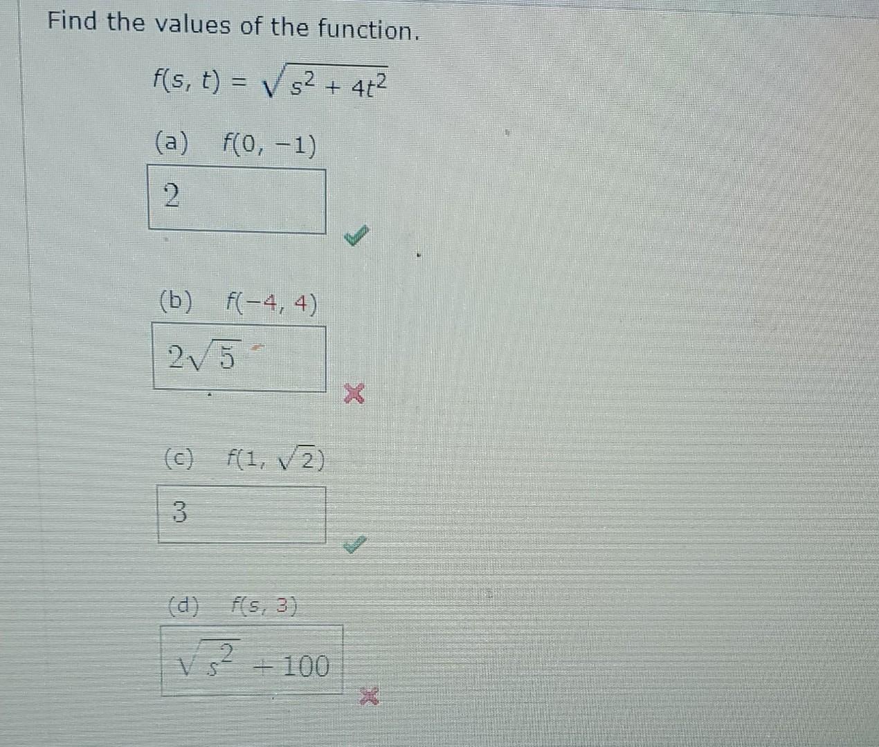 Solved Find the values of the function. f(s,t)=s2+4t2 (a) | Chegg.com