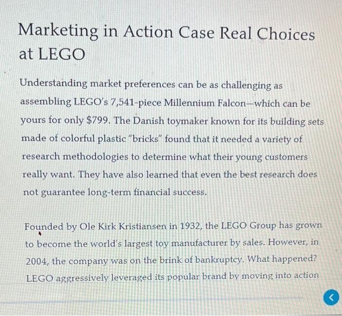 Solved Marketing in Action Case Real Choices at LEGO | Chegg.com