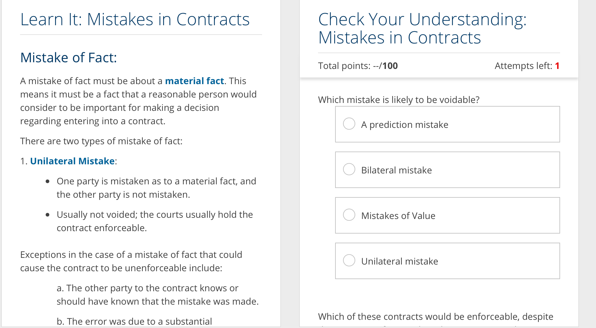 Solved Learn It: Mistakes in ContractsMistake of Fact:A | Chegg.com