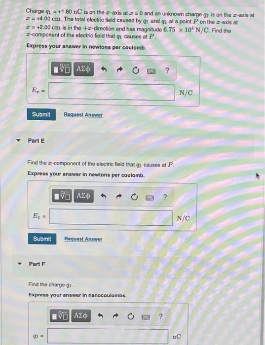 Solved Charge q1=+1.80nC is on the x-axis at x=0 and an | Chegg.com