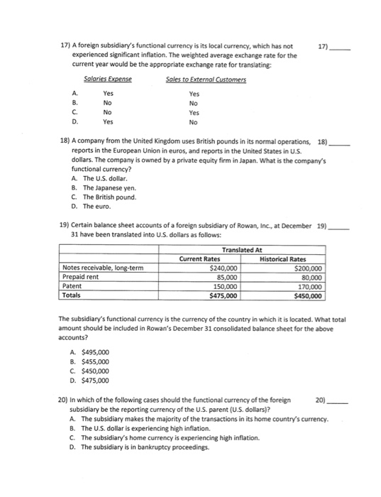 Solved 17) 17) A foreign subsidiary's functional currency is | Chegg.com