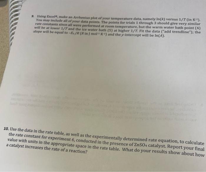 9. Using Excele, make an Arrhenius plot of your | Chegg.com