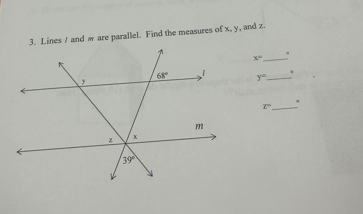 Lines l ﻿and m ﻿are parallel. Find the measures of | Chegg.com