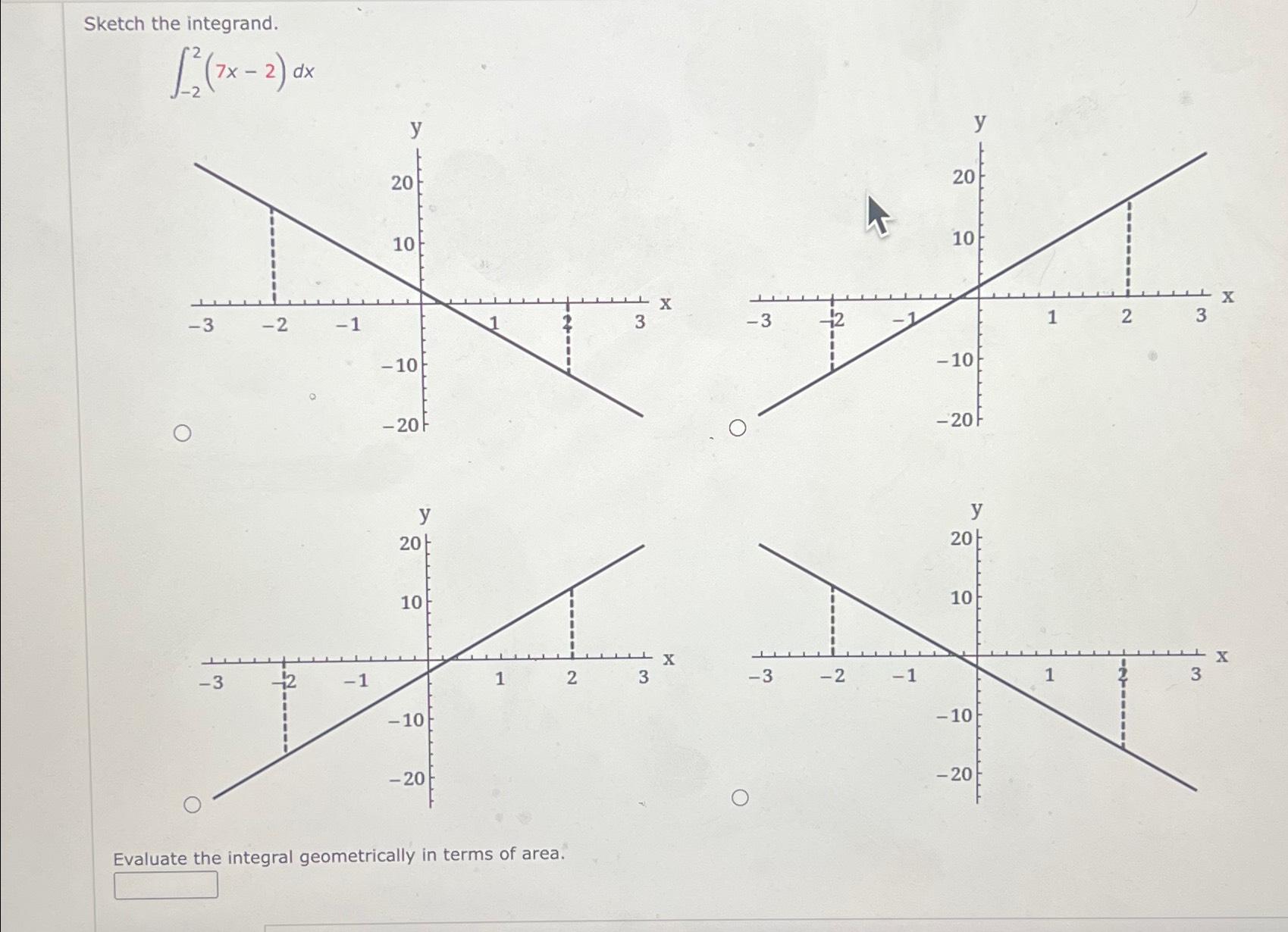 Solved Sketch the integrand.∫-22(7x-2)dxEvaluate the | Chegg.com