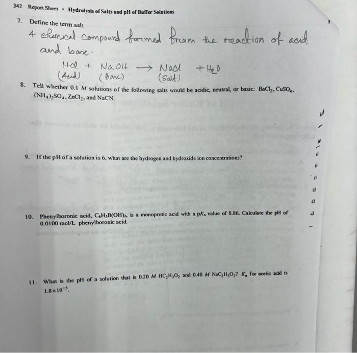 Solved 342 Report Sheet - Hydrolysis of Salts and pH of | Chegg.com
