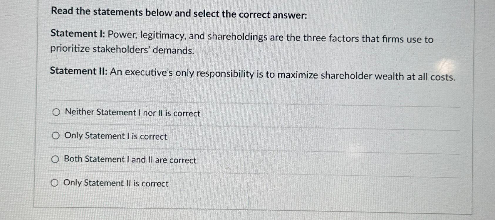 Solved Read the statements below and select the correct | Chegg.com