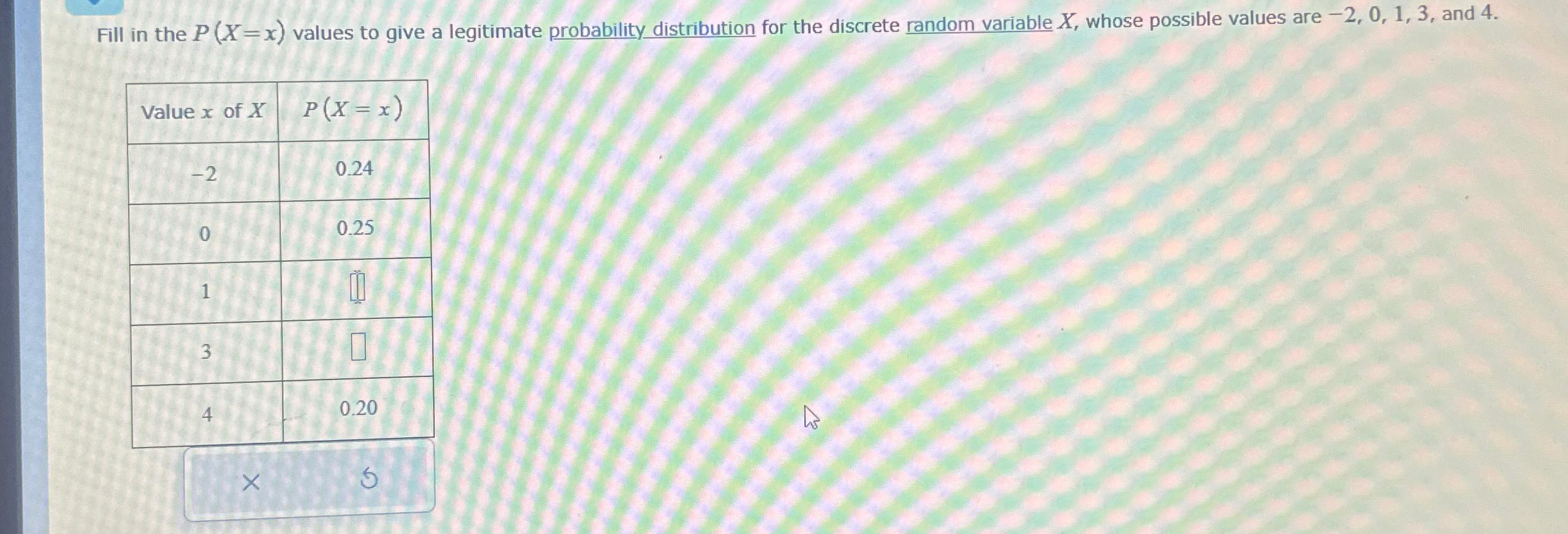 Solved Fill in the P(x=x) ﻿values to give a legitimate | Chegg.com