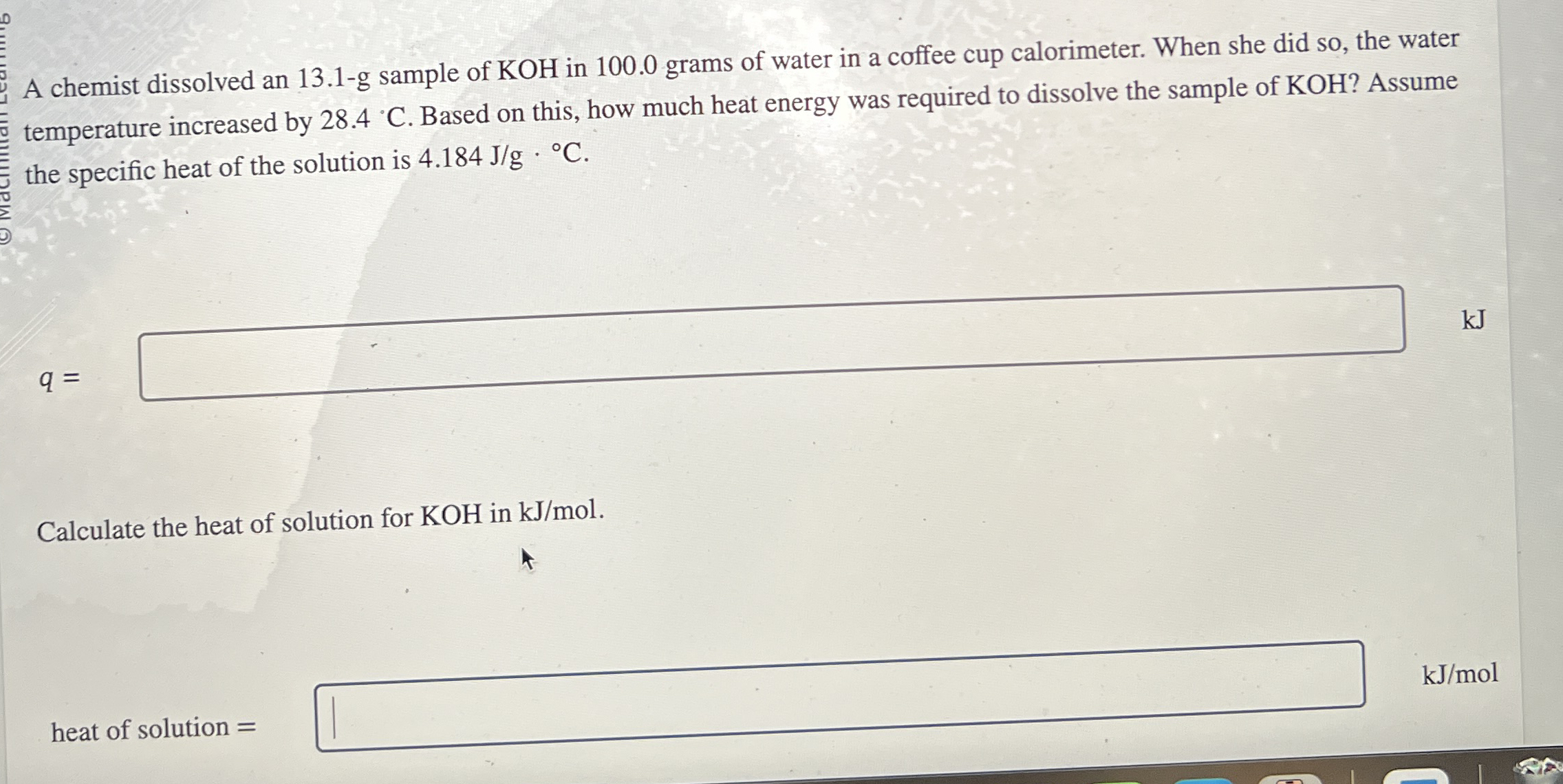 Solved by an EXPERT A chemist dissolved an 13.1-g ﻿sample of KOH in 100.0 | Chegg.com