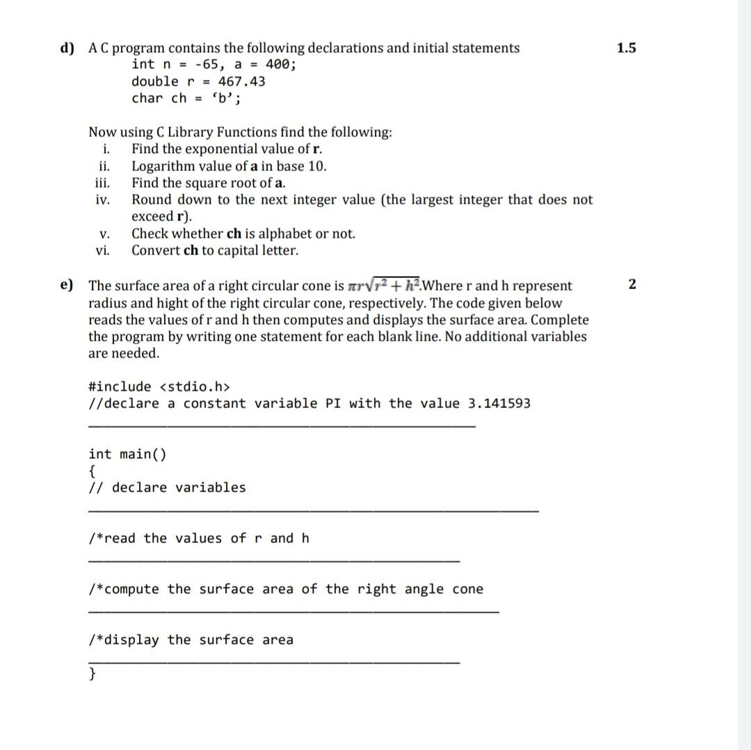 Solved 1.5 d) AC program contains the following declarations | Chegg.com