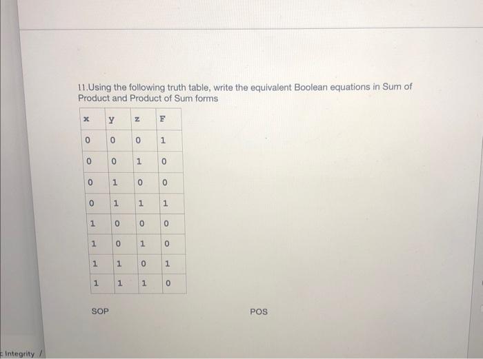 Solved 11. Using the following truth table, write the | Chegg.com