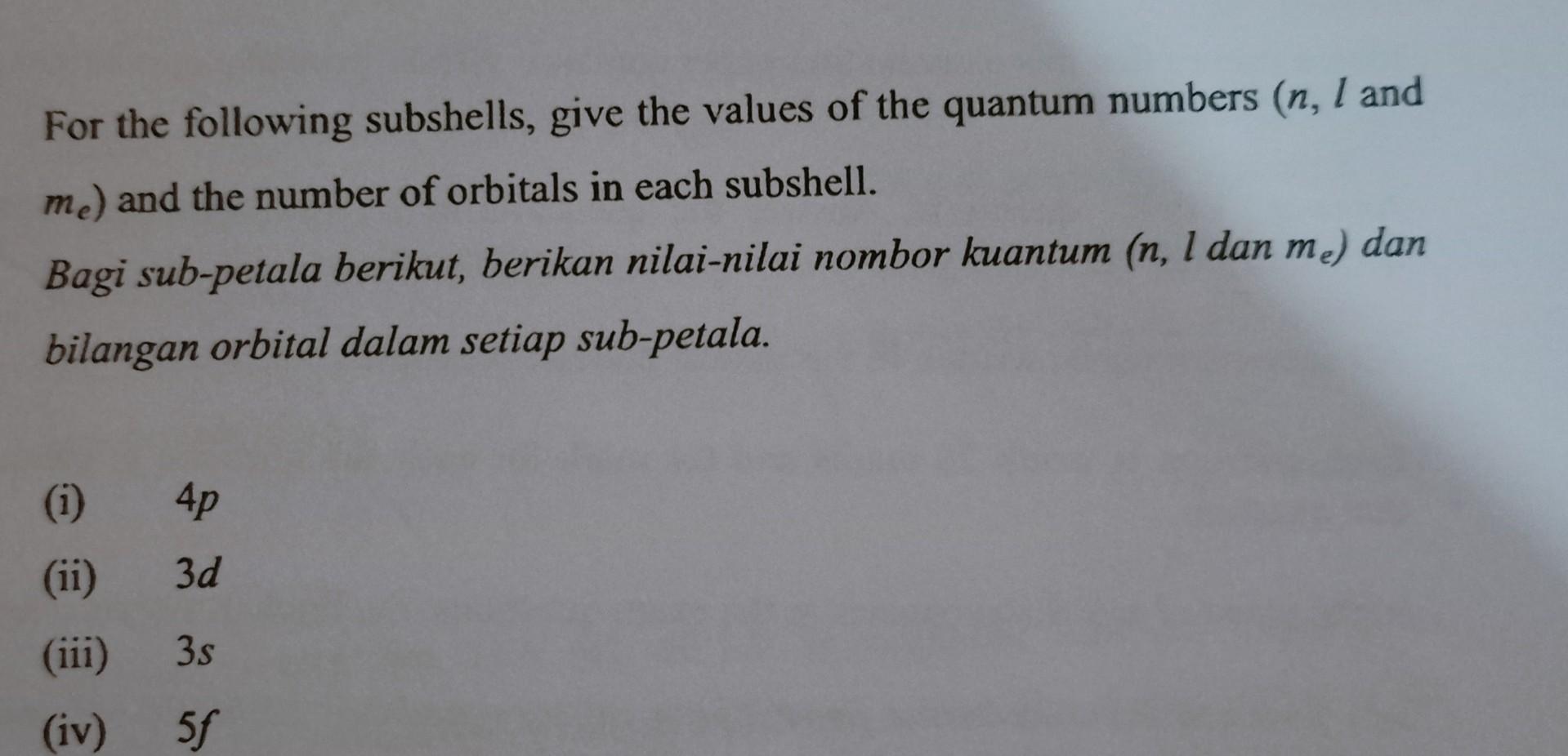 Solved For the following subshells, give the values of the | Chegg.com