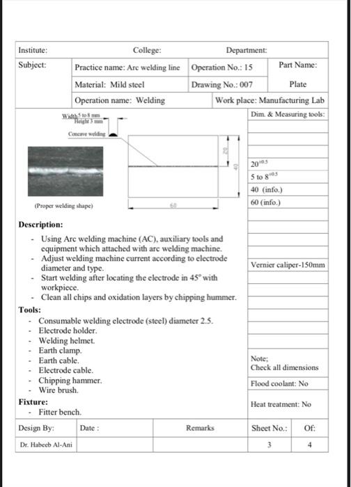 Subject: Practice name: Arc welding line Operation | Chegg.com