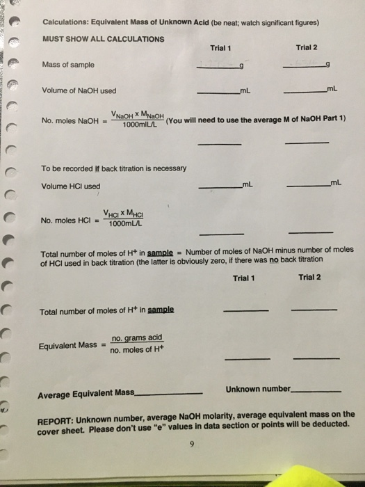 Solved Calculations: Equivalent Mass of Unknown Acid (be | Chegg.com