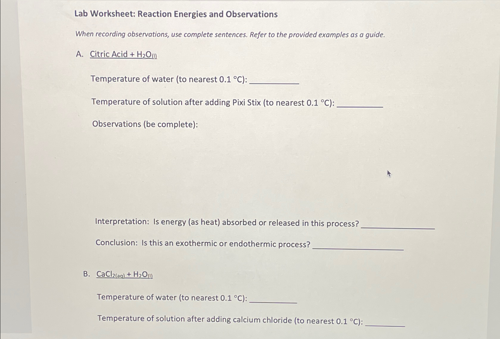 Solved Lab Worksheet: Reaction Energies and ObservationsWhen | Chegg.com